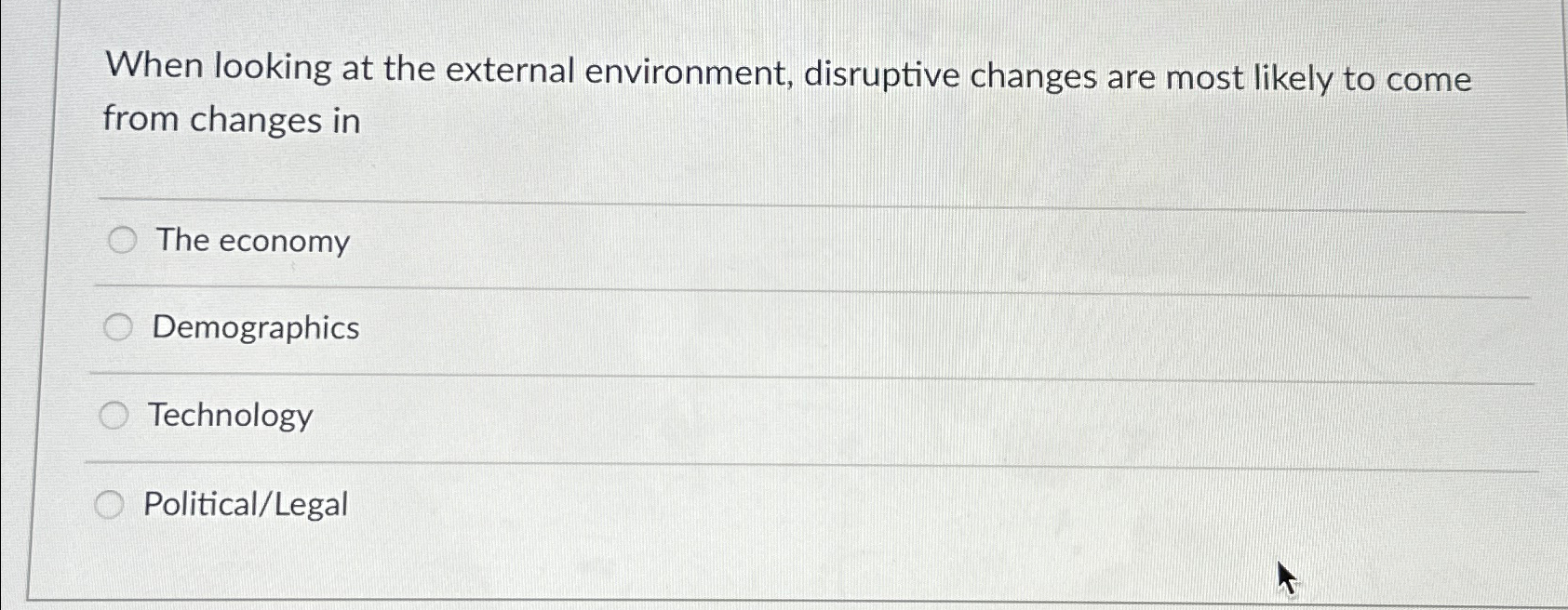 Solved When looking at the external environment, disruptive | Chegg.com