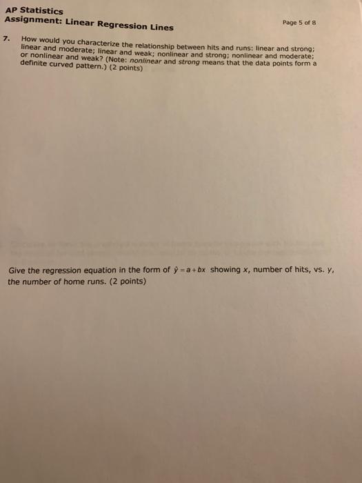 Solved AP Statistics Assignment: Linear Regression Lines | Chegg.com