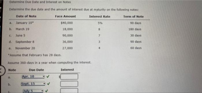 Solved Determine Due Date and Interest on Notes Determine | Chegg.com