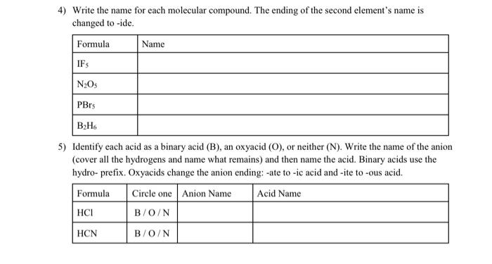 4) Write the name for each molecular compound. The | Chegg.com