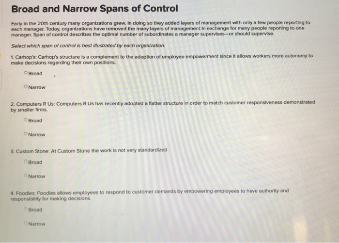 Solved Broad and Narrow Spans of Control Early in the 20th | Chegg.com