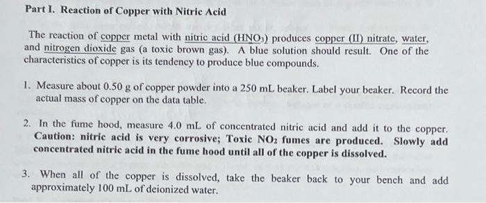 Solved Part I. Reaction of Copper with Nitric Acid The | Chegg.com