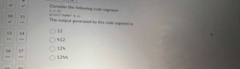 Solved Consider the following code segment:x=12print ("$dws" | Chegg.com