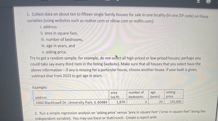 Solved 1. Collect data on about ten to fifteen single family | Chegg.com