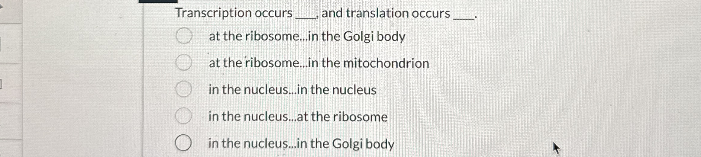 Solved Transcription occurs, ﻿and translation occurs.at the | Chegg.com