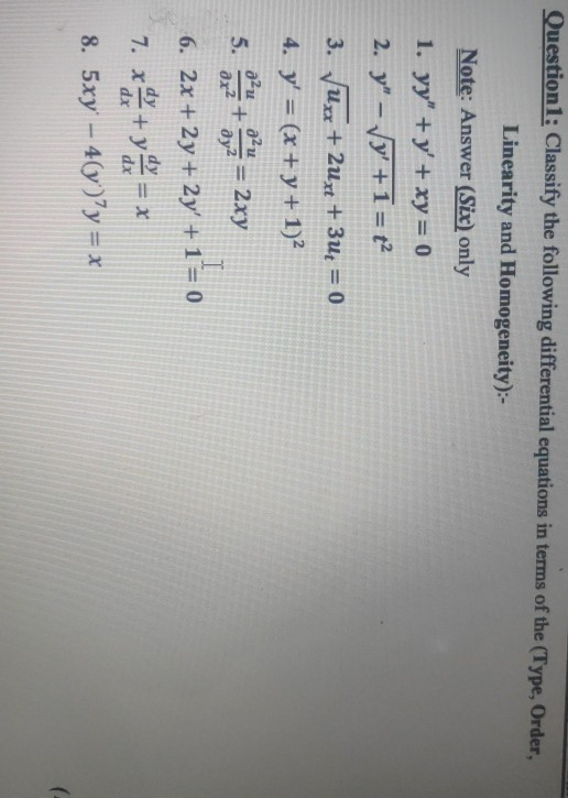 Solved Question1: Classify the following differential | Chegg.com