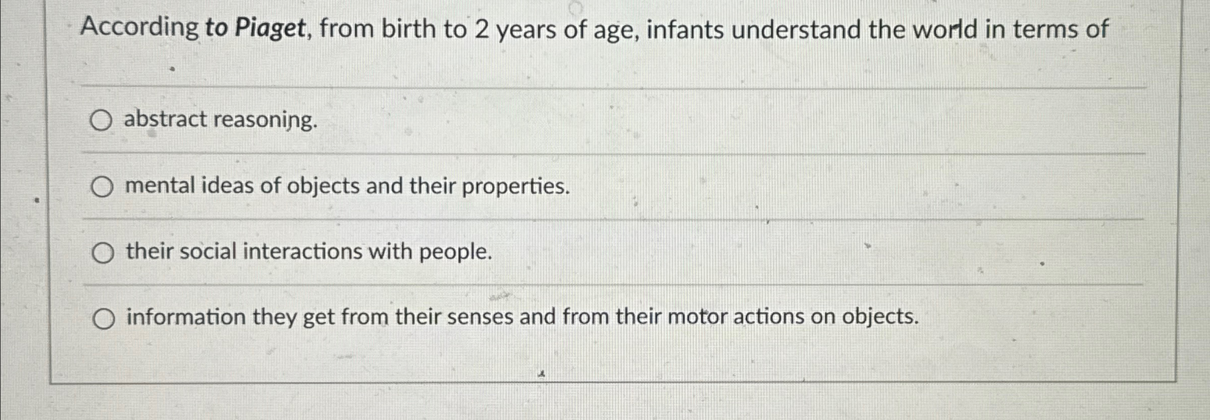 Solved According to Piaget, from birth to 2 ﻿years of age, | Chegg.com