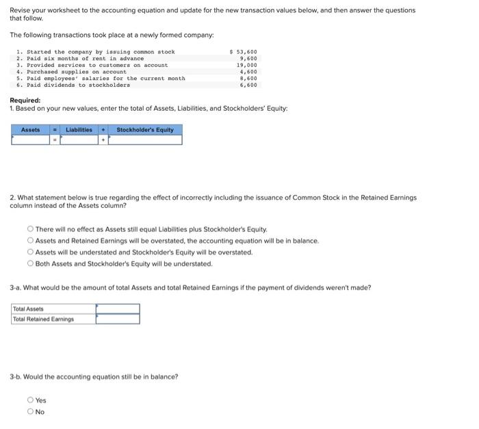 Solved Revise your worksheet to the accounting equation and | Chegg.com