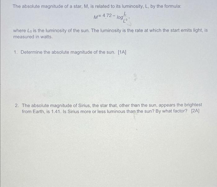 Solved The absolute magnitude of a star, M is related to its | Chegg.com
