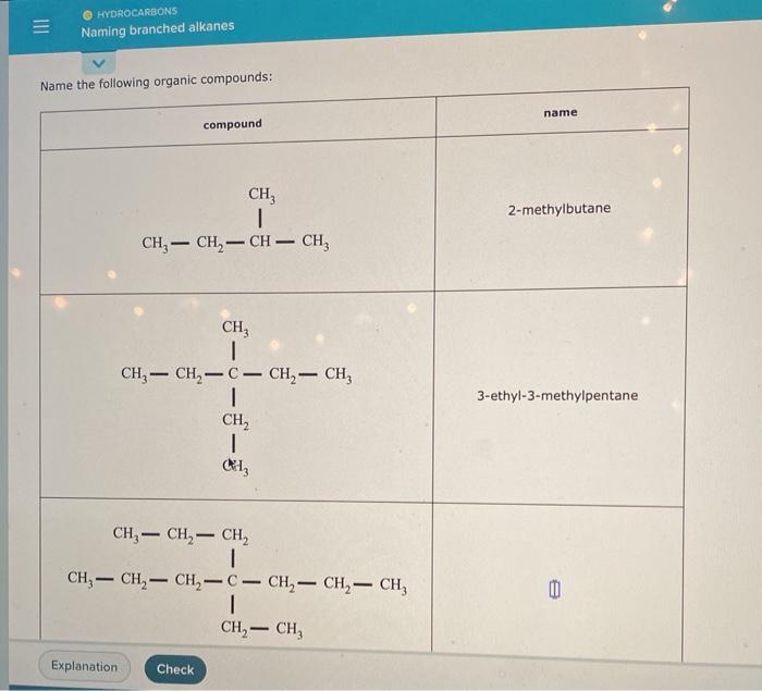 Solved © HYDROCARBONS Naming branched alkanes Name the | Chegg.com