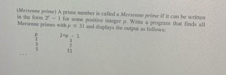 Solved (Mersenne prime) A prime number is called a Mersenne | Chegg.com