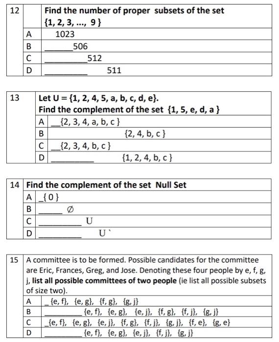 Solved 12 00D А. B Find the number of proper subsets of the | Chegg.com