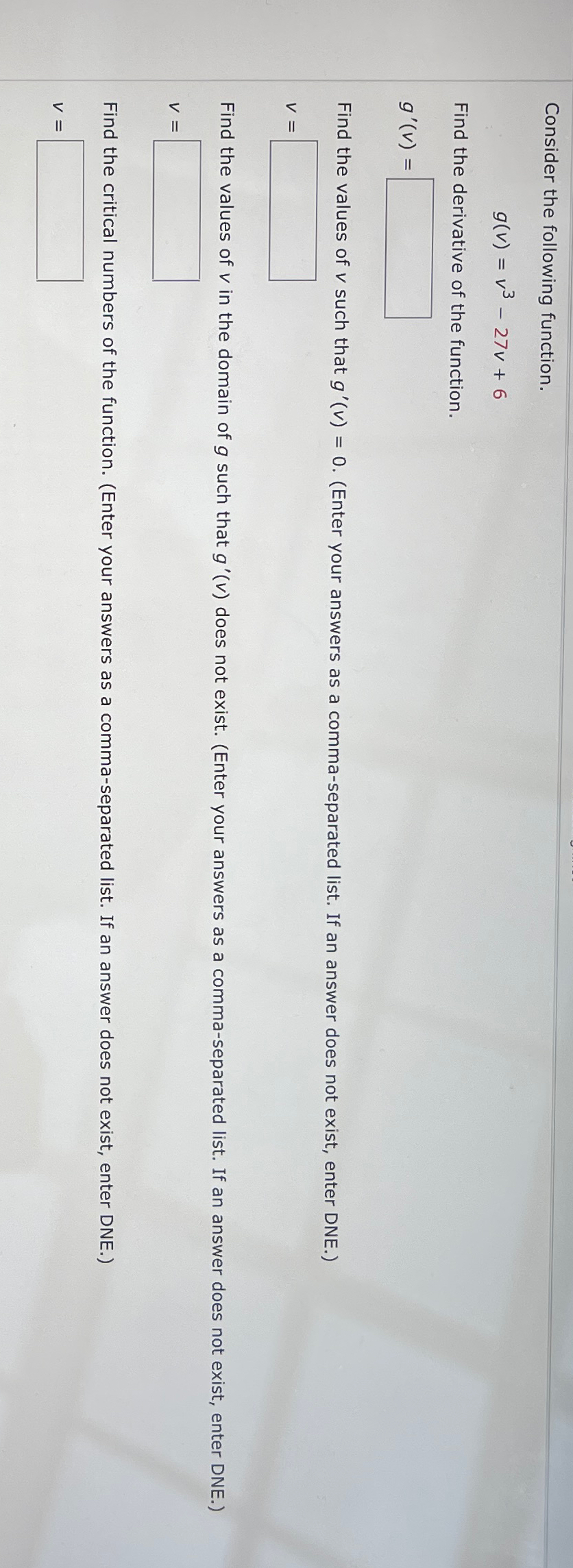 Solved Consider the following function.g(v)=v3-27v+6Find the | Chegg.com