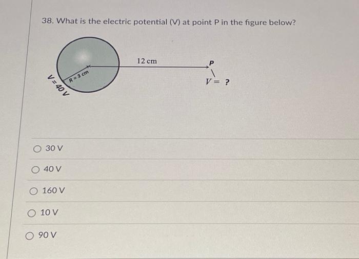 Solved 38. What is the electric potential (V) at point P in | Chegg.com