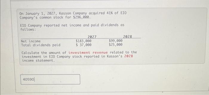 Solved On January 1, 2027, Kasson Company acquired 41% of | Chegg.com