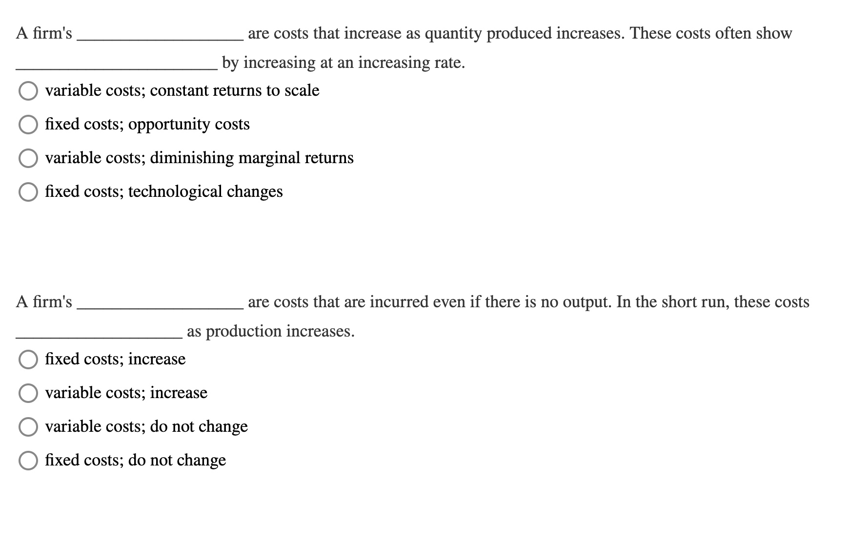 Solved by increasing at an increasing rate.variable costs; | Chegg.com