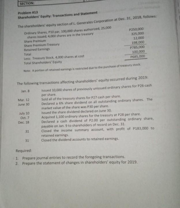 Solved SECTION Problem #13 Shareholders' Equity: | Chegg.com