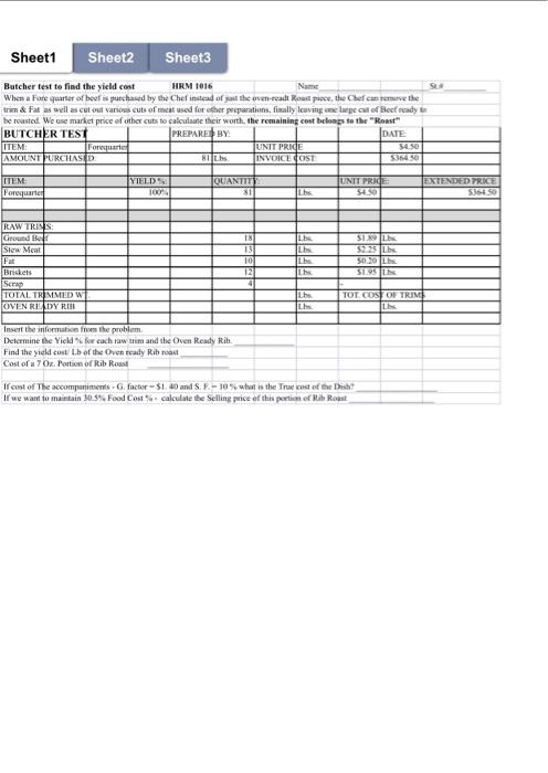 Sheet1 Sheet2 Sheet3 Butcher test to find the yield | Chegg.com