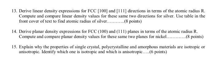 Solved 13. Derive linear density expressions for FCC [100] | Chegg.com