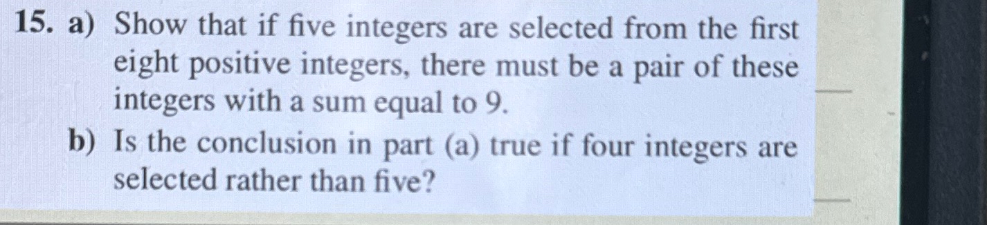 Solved a) Show that if five integers are selected from the | Chegg.com Solved a) Show that if five integers are selected from the | Chegg.com