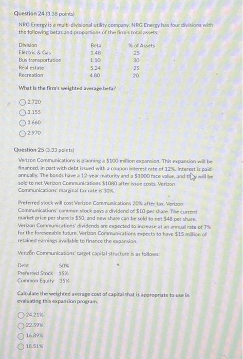 Solved Question 24 (3.38 points) NRG Energy is a | Chegg.com