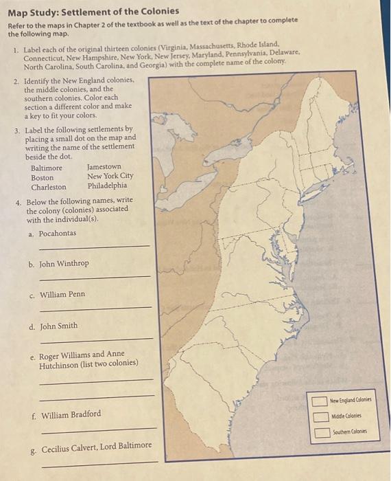 Map Study: Settlement of the Colonies Refer to the | Chegg.com