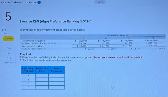 Solved Chapter 12 Graded Homework Saved 5 Exercise 12-5 | Chegg.com