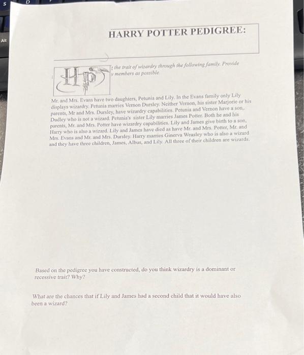 Solved HARRY POTTER PEDIGREE: Alt Te the trait of wizardry | Chegg.com