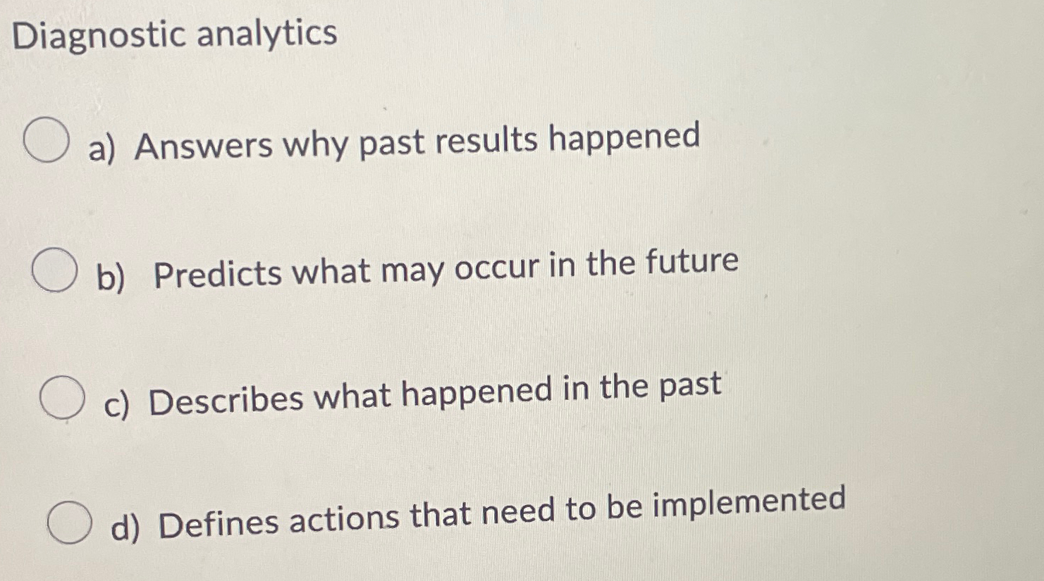 Solved Diagnostic analytics ﻿a) ﻿Answers why past results | Chegg.com