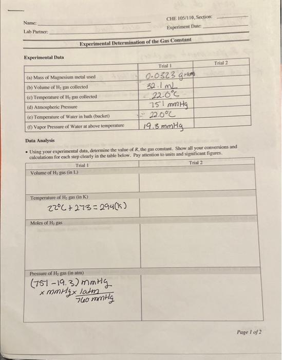 Solved Data Analysis - Using your experimental data, | Chegg.com