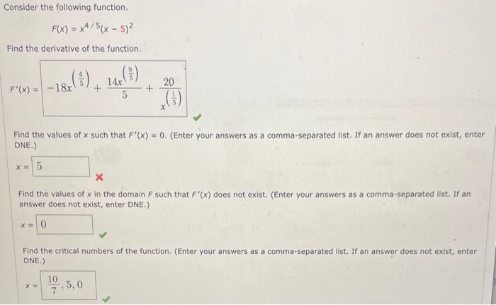 Solved Consider the following function. F(x)=x4/5(x−5)2 Find | Chegg.com