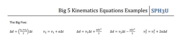 Solved Big 5 Kinematics Equations Examples SPH3U The Big | Chegg.com
