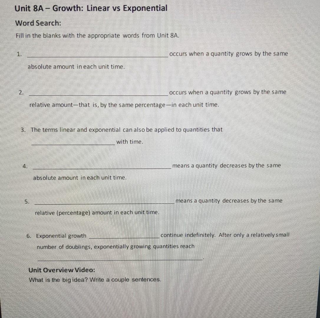Solved Unit 8A - Growth: Linear vs Exponential Word Search: | Chegg.com