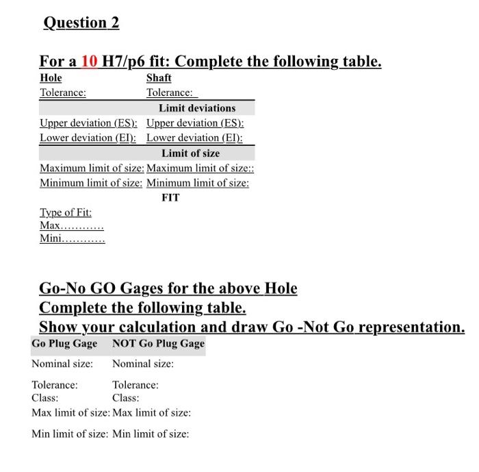 Solved Question 2 For a 10 H7/p6 fit: Complete the following | Chegg.com