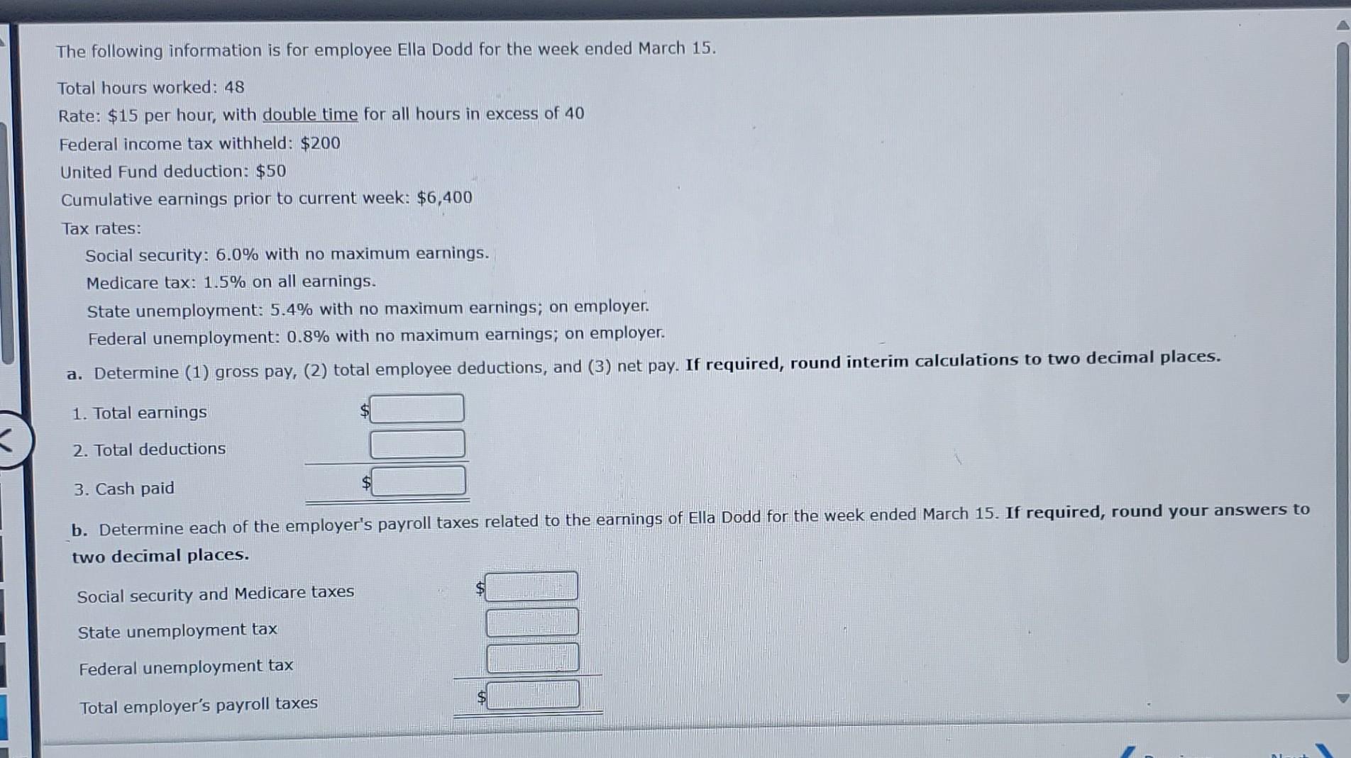 Solved The following information is for employee Ella Dodd | Chegg.com