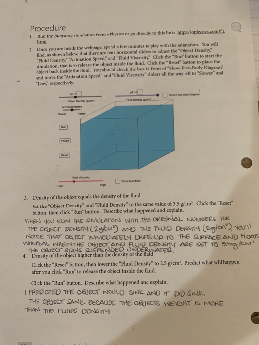Solved Procedure 1 Run the Buoyancy simulation from oPhysics | Chegg.com