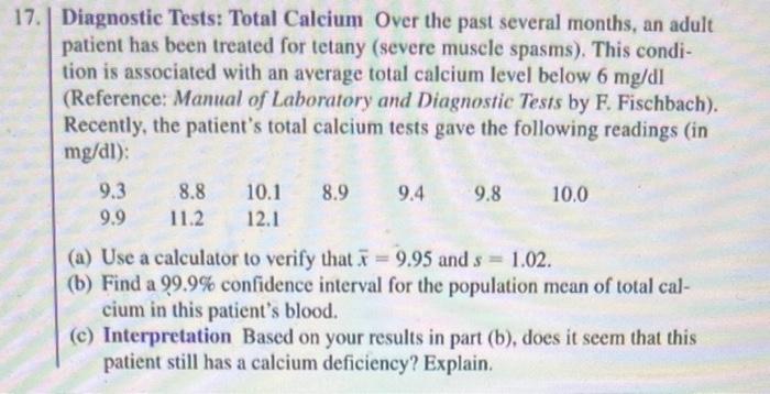Solved Diagnostic Tests: Total Calcium Over the past several | Chegg.com