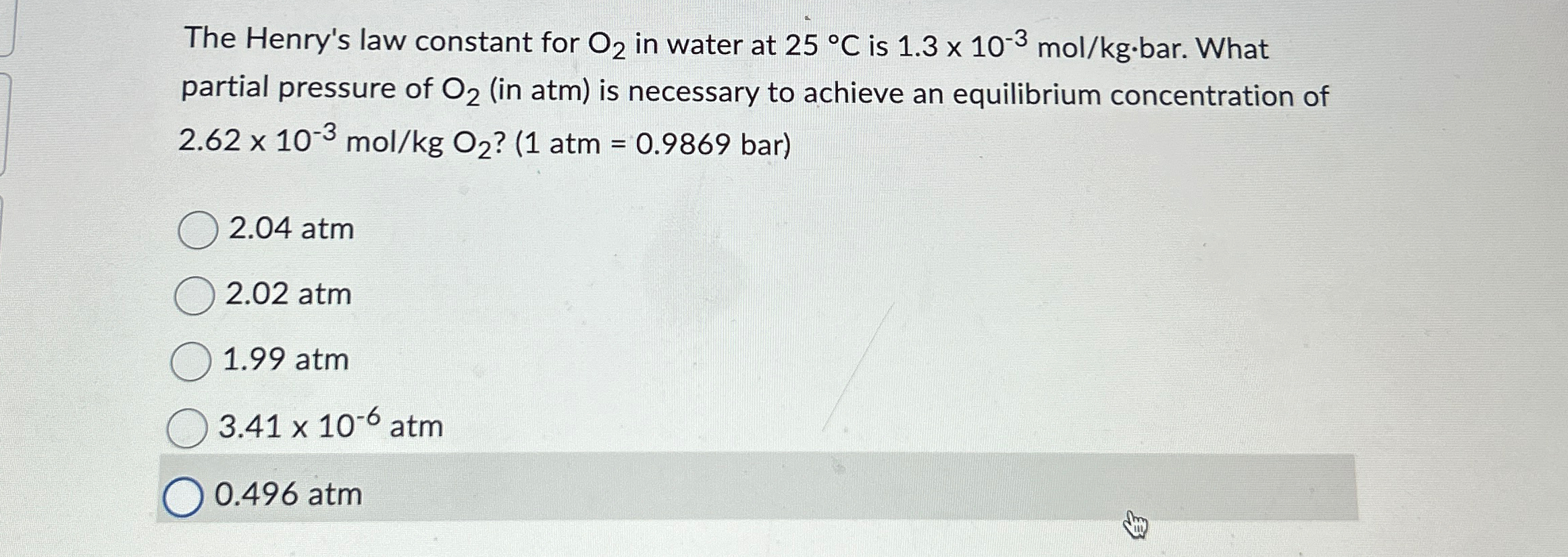 Solved The Henry's law constant for O2 ﻿in water at 25°C ﻿is | Chegg.com