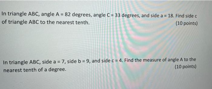 Solved In triangle ABC, angle A = 82 degrees, angle C = 33 | Chegg.com