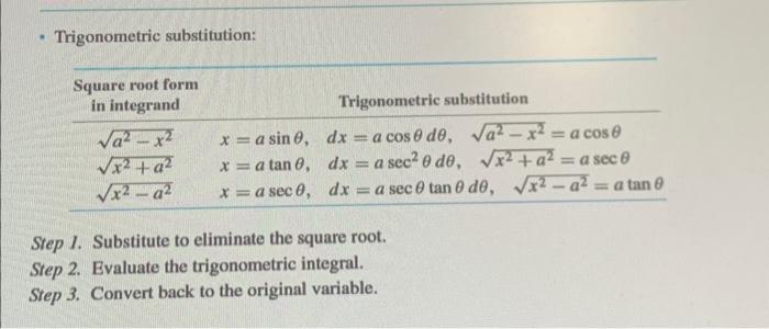 Solved - Trigonometric substitution: Step 1. Substitute to | Chegg.com