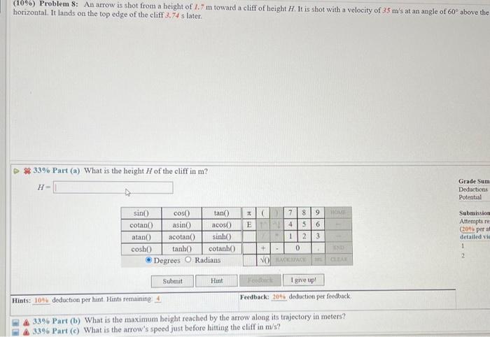 Solved (10\%) Problem 8: An arrow is shot from a height of | Chegg.com