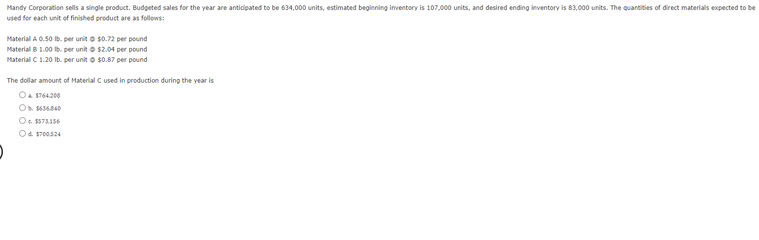 Solved used for each unit of finished product are as | Chegg.com