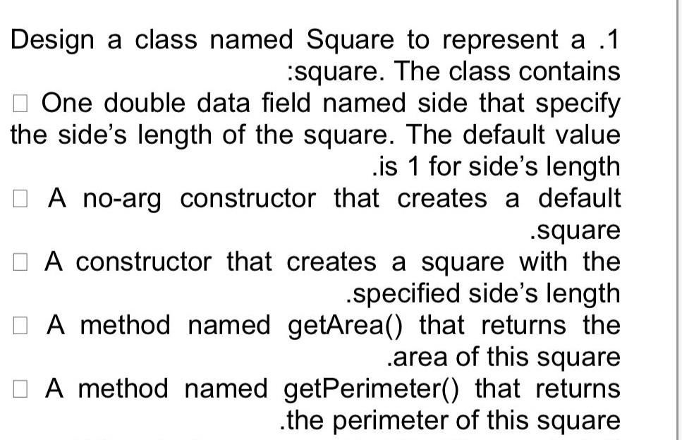 Solved Design a class named Square to represent a .1 | Chegg.com