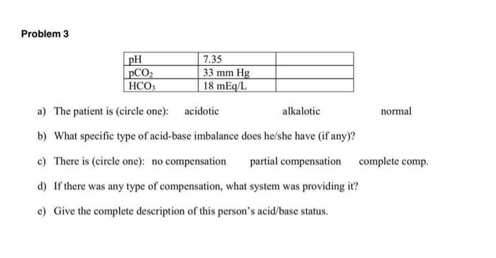 Solved Problem 3 pH pCO2 7.35 33 mm Hg 18 mEq/L HCO3 a) The | Chegg.com