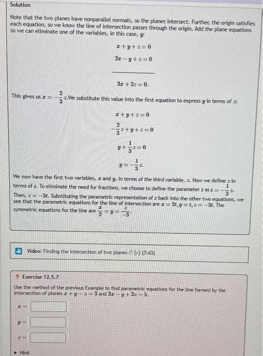 Solved Solution Note that the two planes have nonparallel | Chegg.com
