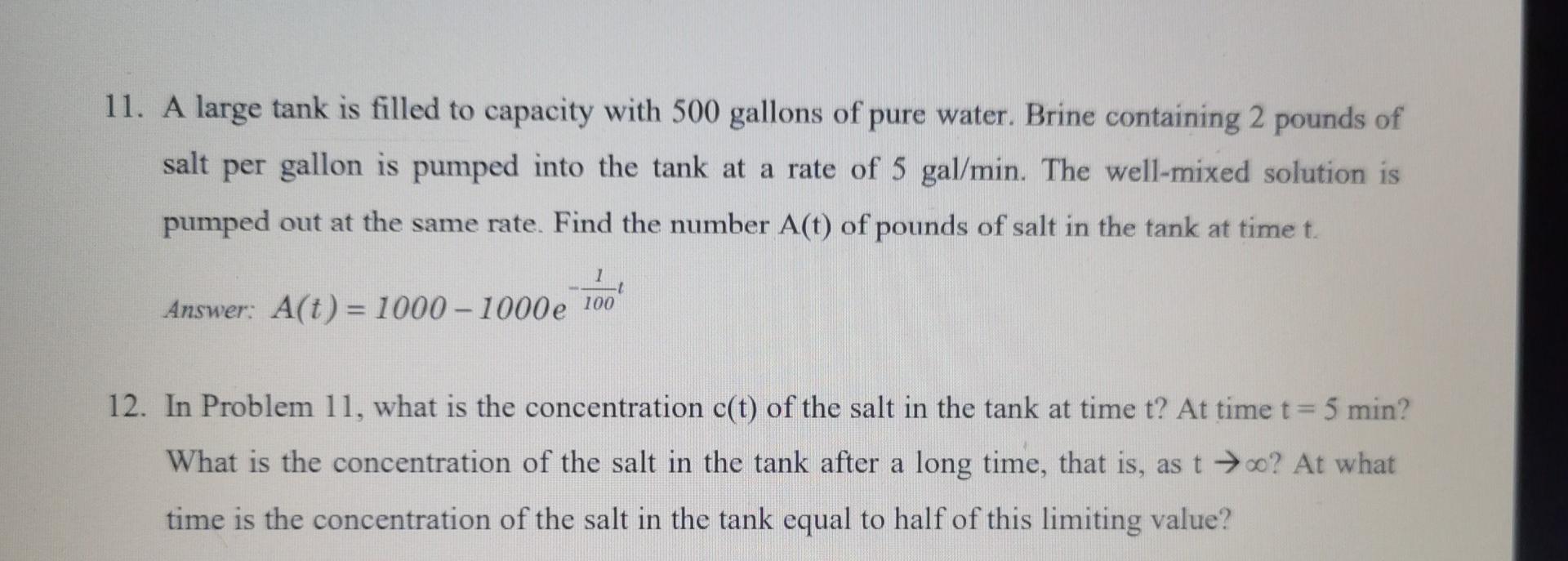 Solved 11. A large tank is filled to capacity with 500 | Chegg.com
