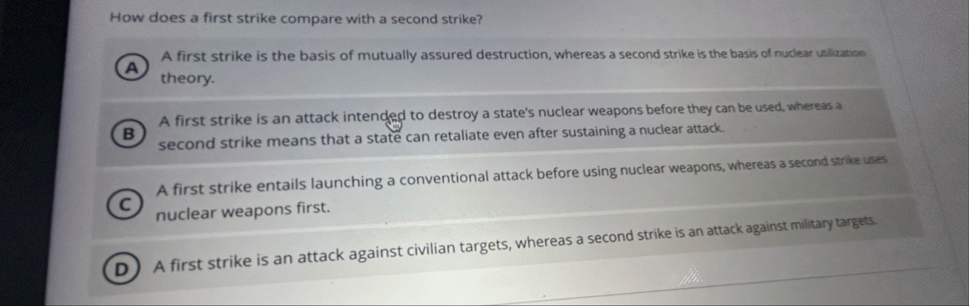 Solved How does a first strike compare with a second | Chegg.com