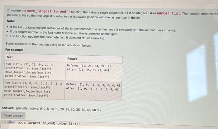 Solved Complete the move_largest_to_end () function that | Chegg.com