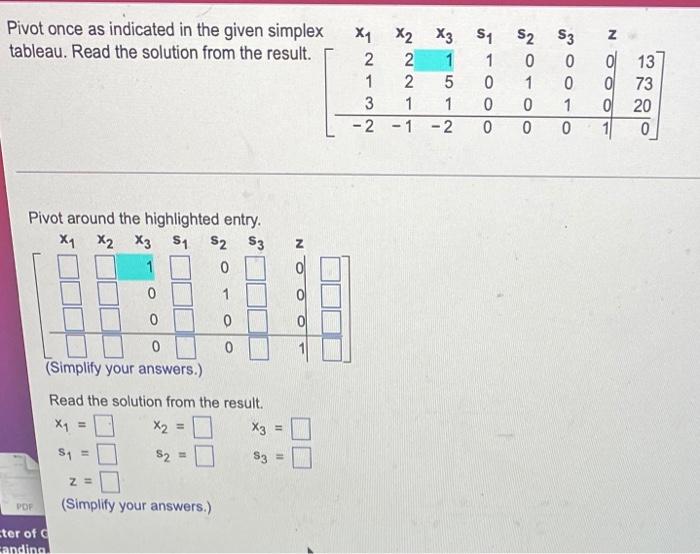 Solved Pivot once as indicated in the given simplex tableau. | Chegg.com