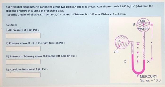 Solved A simple U tube manometer is used to measure the | Chegg.com
